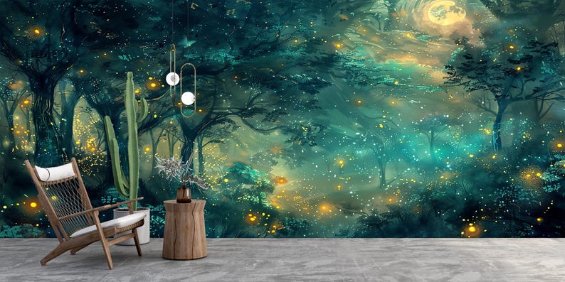 Enchanted Forest Peel and Stick Wallpaper Mural, Magical Fireflies ...