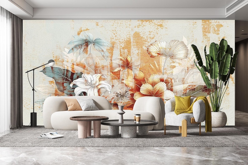 Vintage Tropical Floral Peel and Stick Wallpaper, Burnt Orange Grunge ...