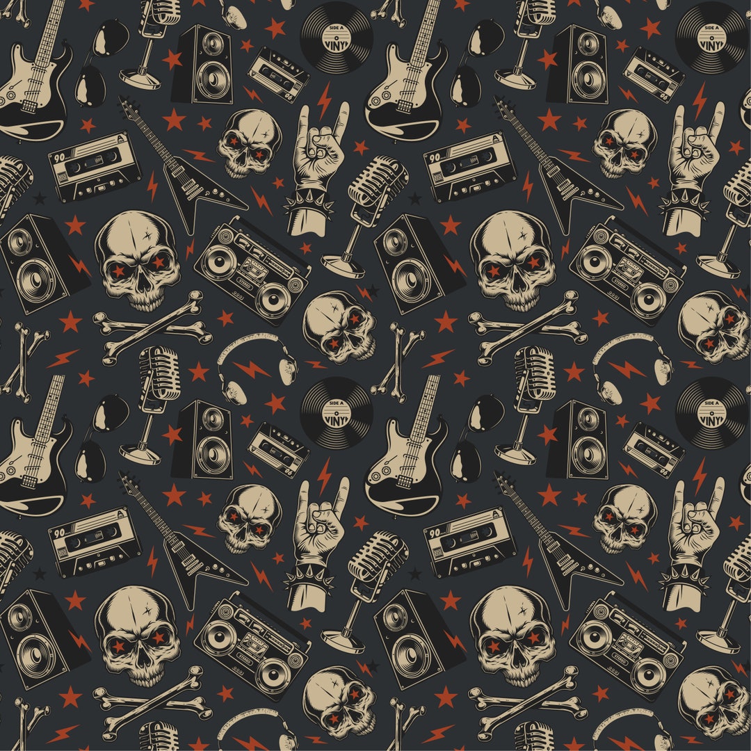 Vintage Rock and Roll Pattern,skull, Guitar, and Music Icons,retro Rock ...