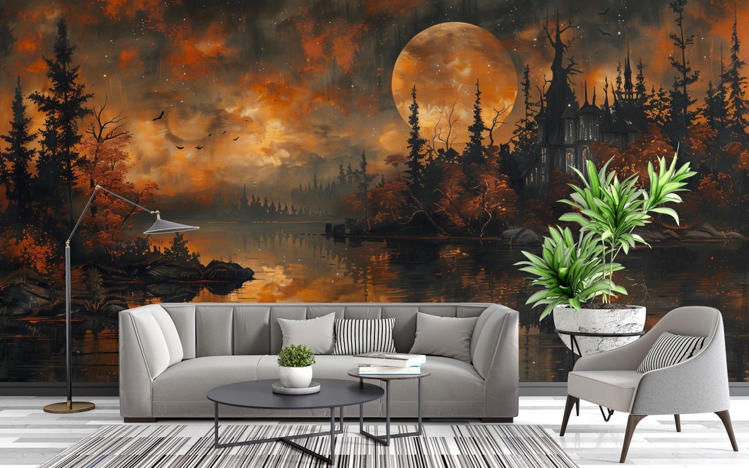 Fantasy Moon Forest Peel and Stick Wallpaper Mural, Dark Autumn ...