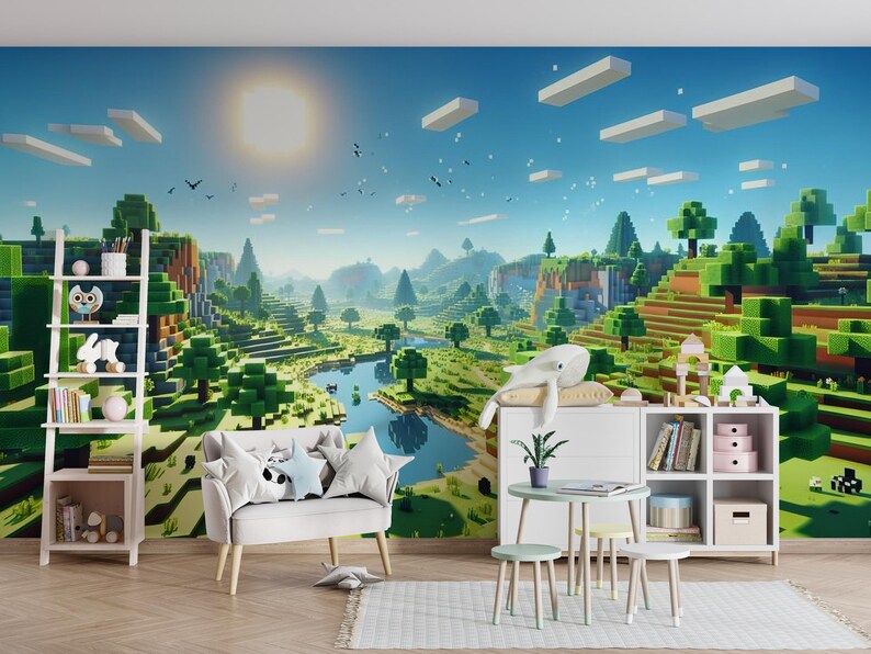 Minecraft Block Landscape Peel and Stick Wallpaper, Pixel Nature Game ...
