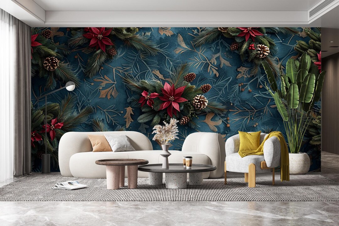 Christmas Floral Peel and Stick Wallpaper, Elegant Holiday Flower Wall ...