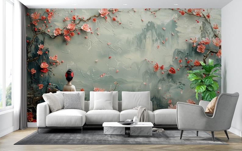 Japanese Cherry Blossom Peel and Stick Wallpaper, Asian Woman Sakura ...