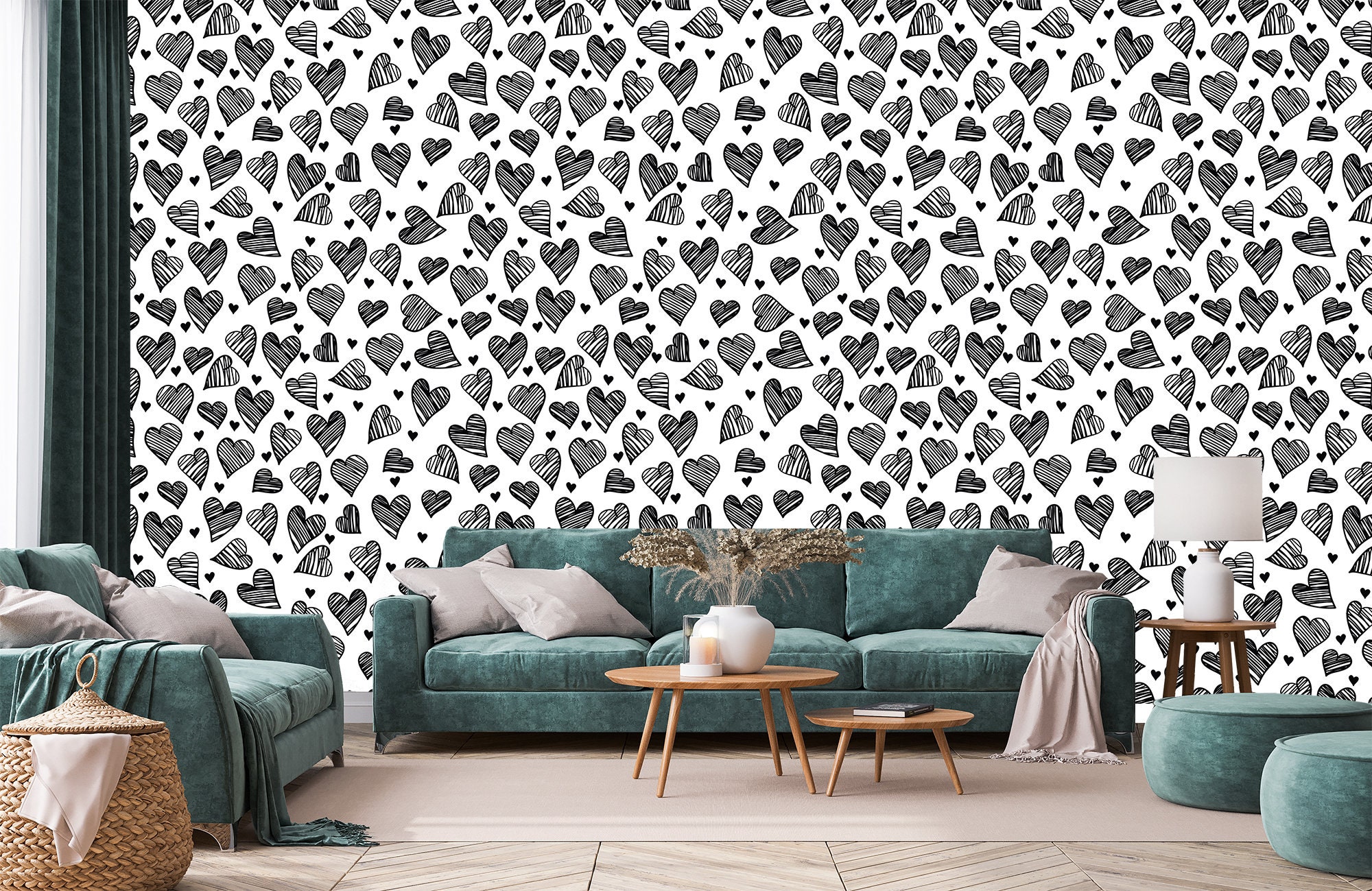 Charming Black and White Heart Pattern Wallpaper Modern Minimalist Hand ...