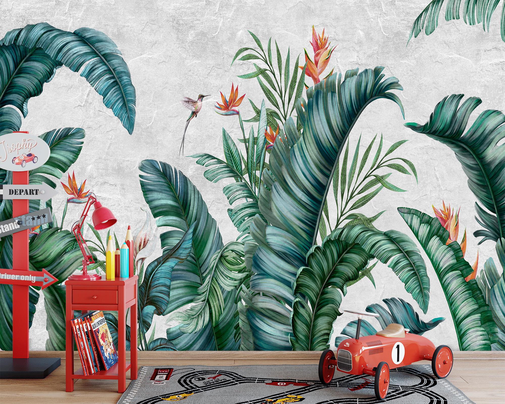 Tropical Jungle Wall Mural With Lush Green Leaves and Exotic Birds ...