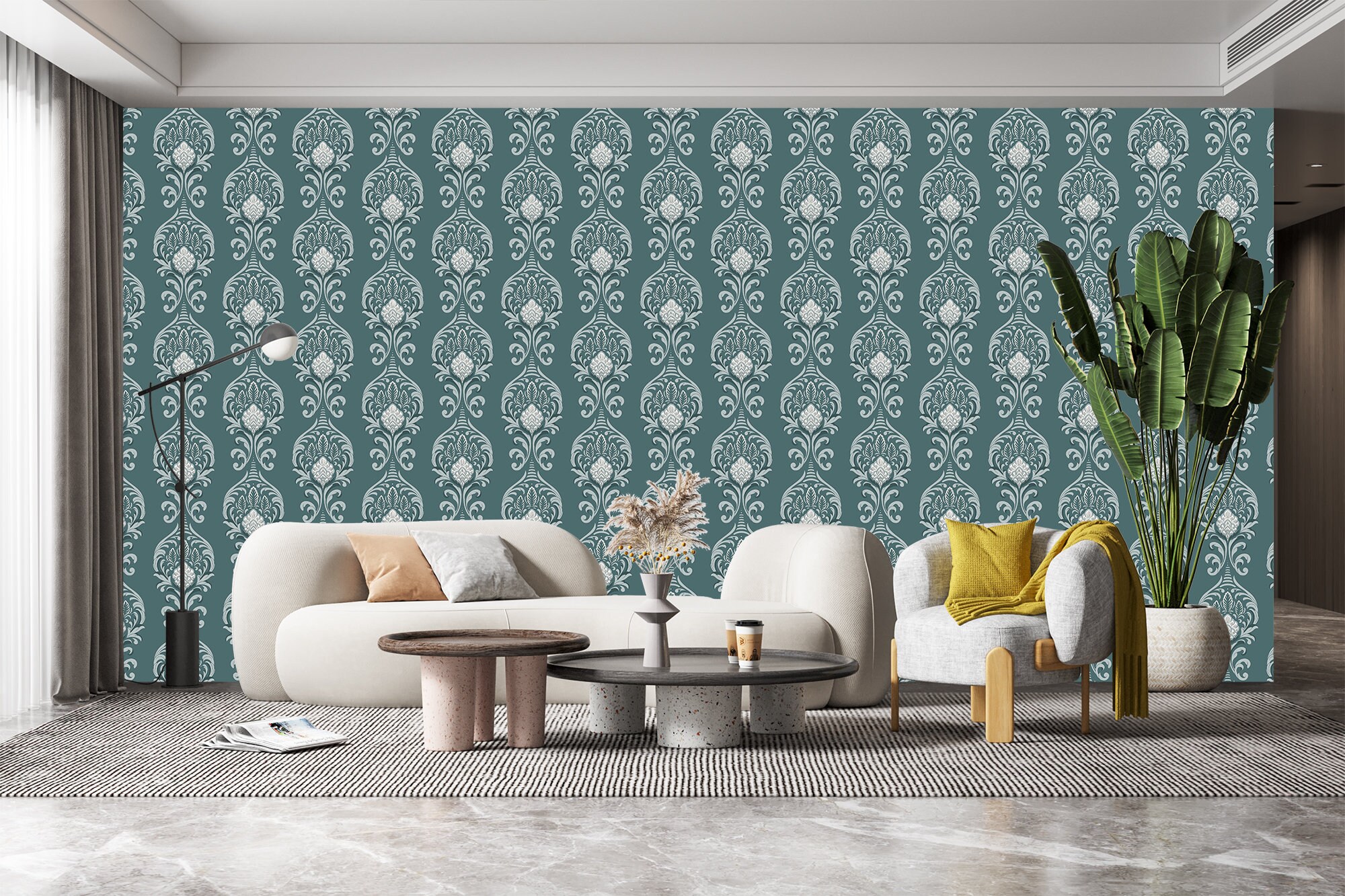 Vintage Damask Floral Wallpaper – Elegant Teal & Silver Baroque Pattern ...