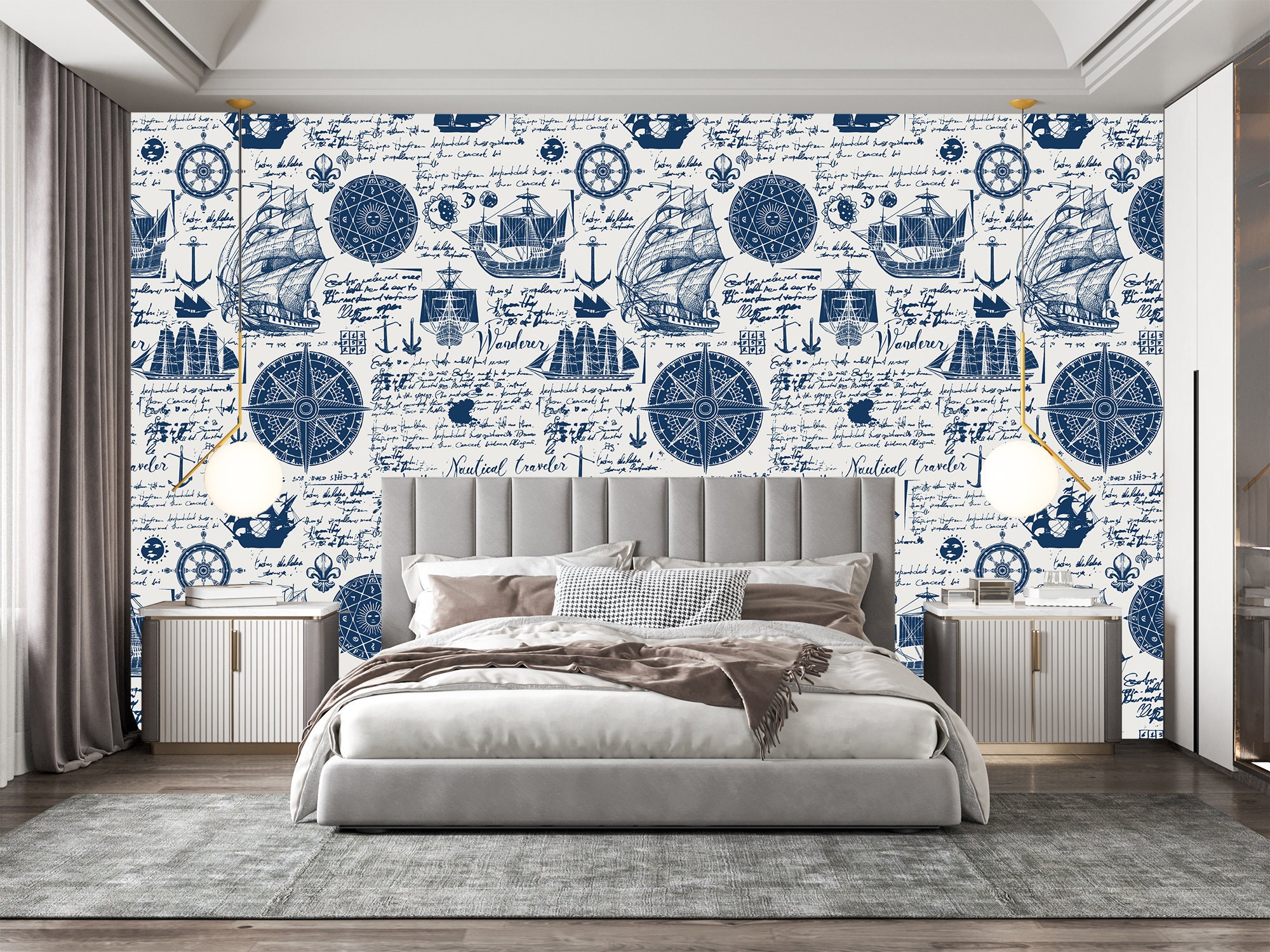 Vintage Nautical Map Wallpaper,antique Ship and Compass Pattern ...