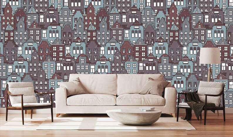 Vintage Cityscape Wallpaper,architectural House Pattern,removable and ...