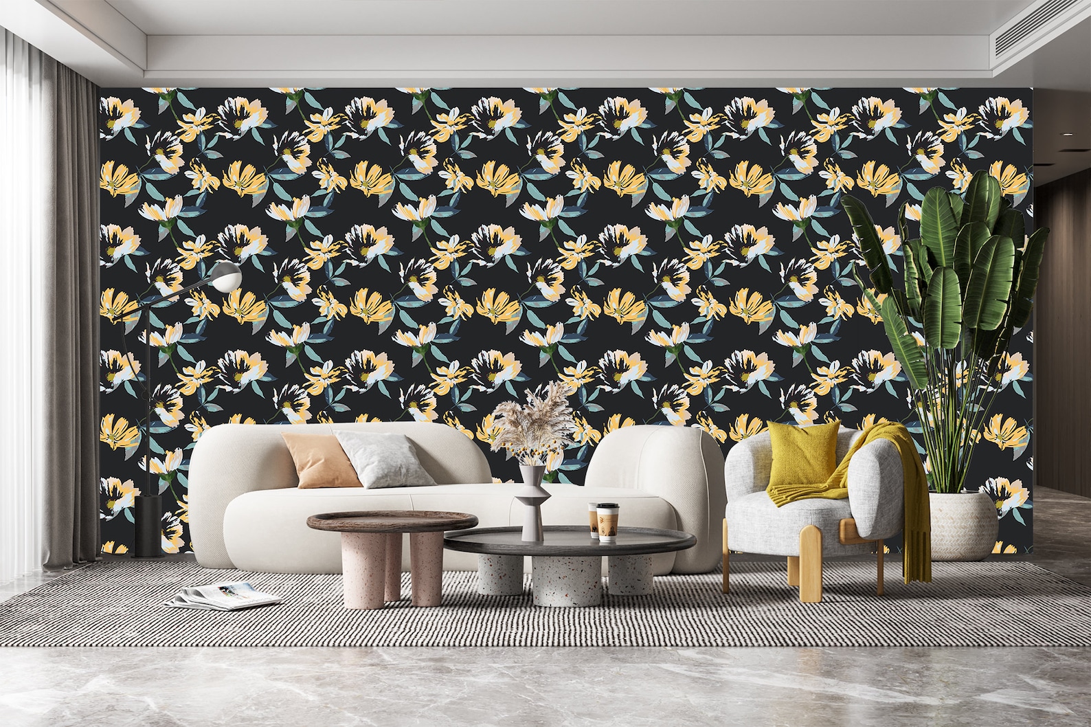 Elegant Yellow Floral Pattern Wallpaper,modern Botanical Wall Decor ...