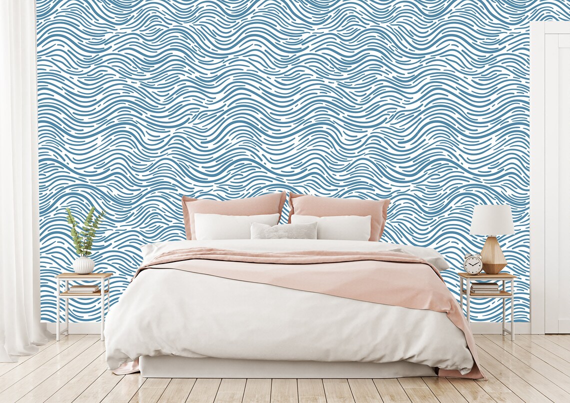 Modern Wave Pattern Wallpaper,ocean Inspired Blue and White Wall Decor ...