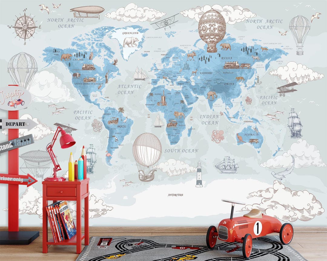 Blue Vintage World Map Wallpaper: Kids Adventure Wall Mural - Etsy