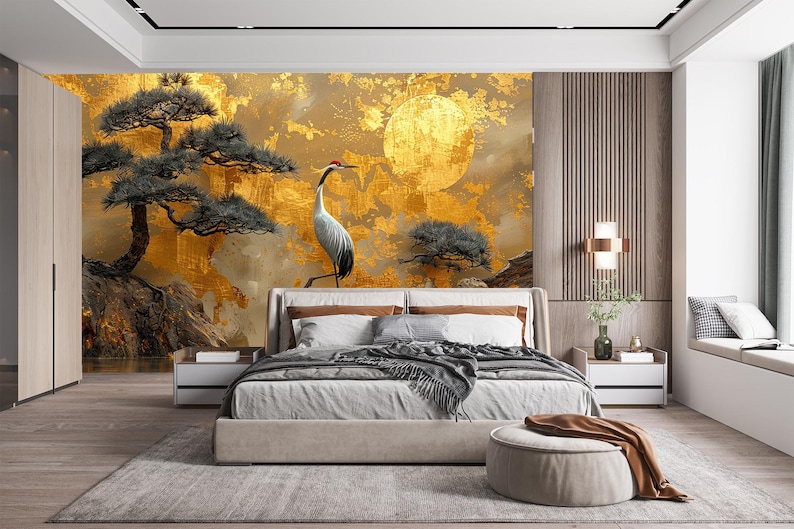 Gold Crane Peel and Stick Wallpaper, Japanese Zen Oriental Wall Mural ...