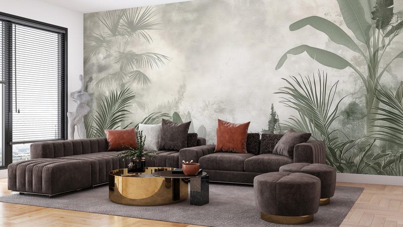 Neutral Tropical Leaf Peel and Stick Wallpaper Mural, Sage Green ...