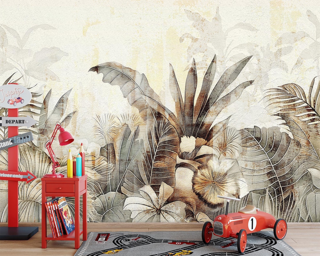 Vintage Palm Leaf Peel and Stick Wallpaper, Tropical Botanical Wall ...