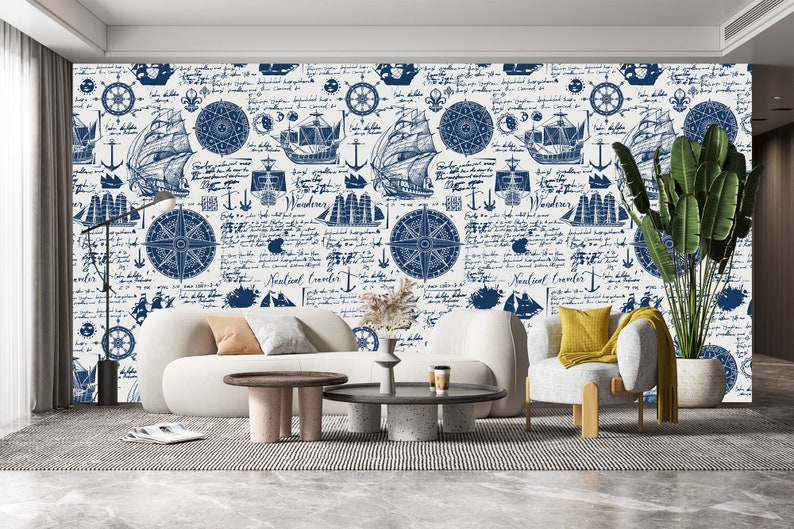 Vintage Nautical Map Wallpaper,antique Ship and Compass Pattern ...