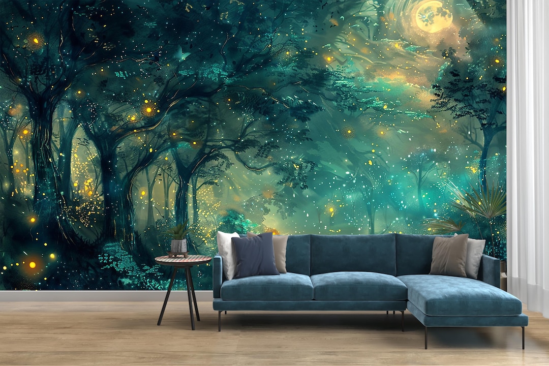 Enchanted Forest Peel and Stick Wallpaper Mural, Magical Fireflies ...