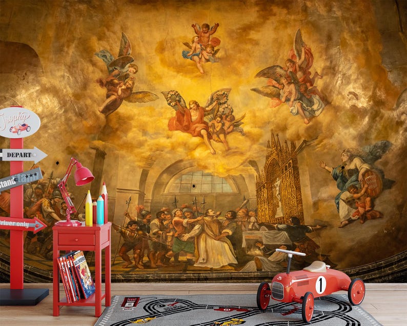 Baroque Angel Peel and Stick Wallpaper, Classical Fresco Wall Mural ...