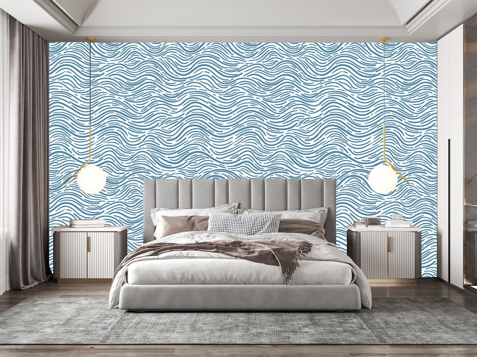 Modern Wave Pattern Wallpaper,ocean Inspired Blue and White Wall Decor ...