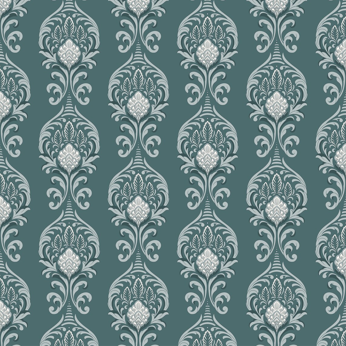 Vintage Damask Floral Wallpaper Elegant Teal & Silver Baroque Pattern ...