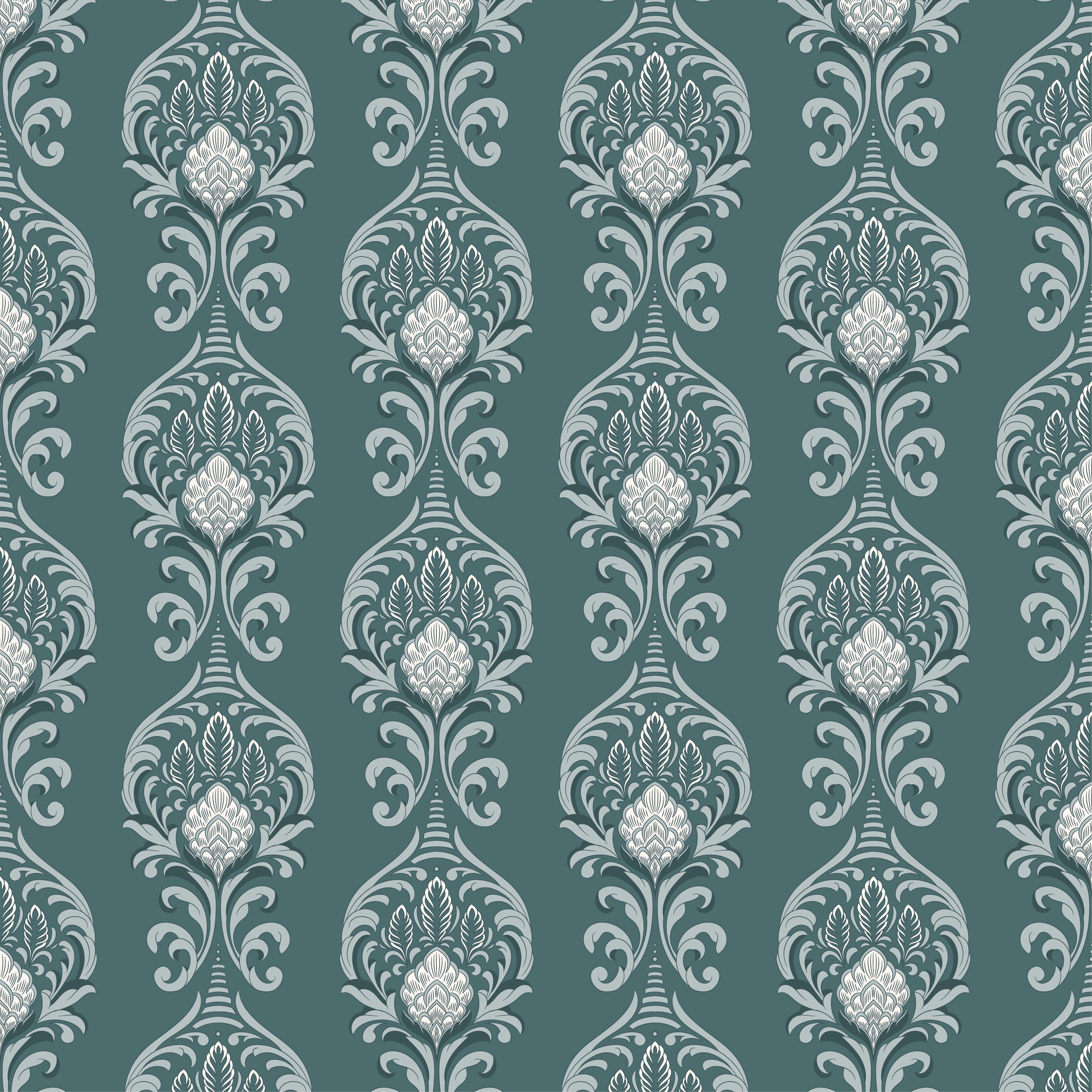 Vintage Damask Floral Wallpaper – Elegant Teal & Silver Baroque Pattern ...