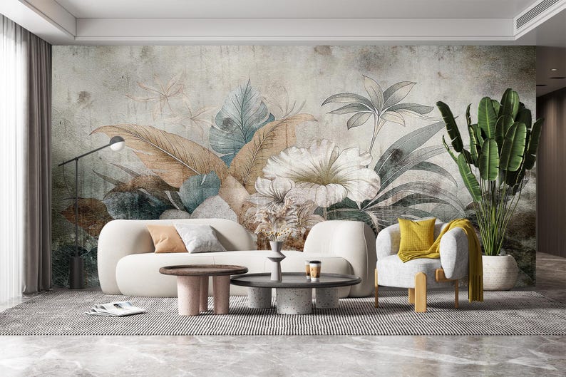 Vintage Tropical Peel and Stick Wallpaper, Textured Floral Botanical ...