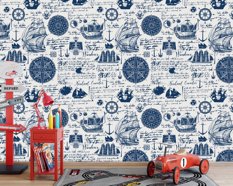 Vintage Nautical Map Wallpaper,antique Ship and Compass Pattern ...