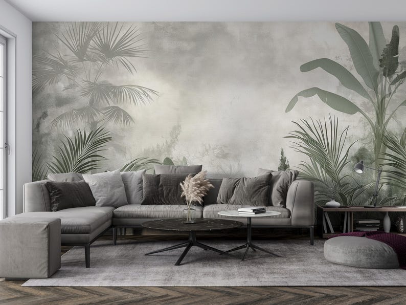 Neutral Tropical Leaf Peel and Stick Wallpaper Mural, Sage Green ...
