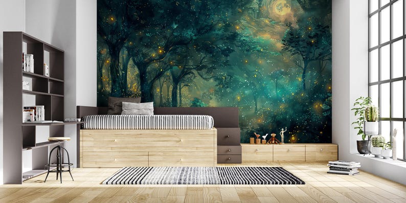 Enchanted Forest Peel and Stick Wallpaper Mural, Magical Fireflies ...