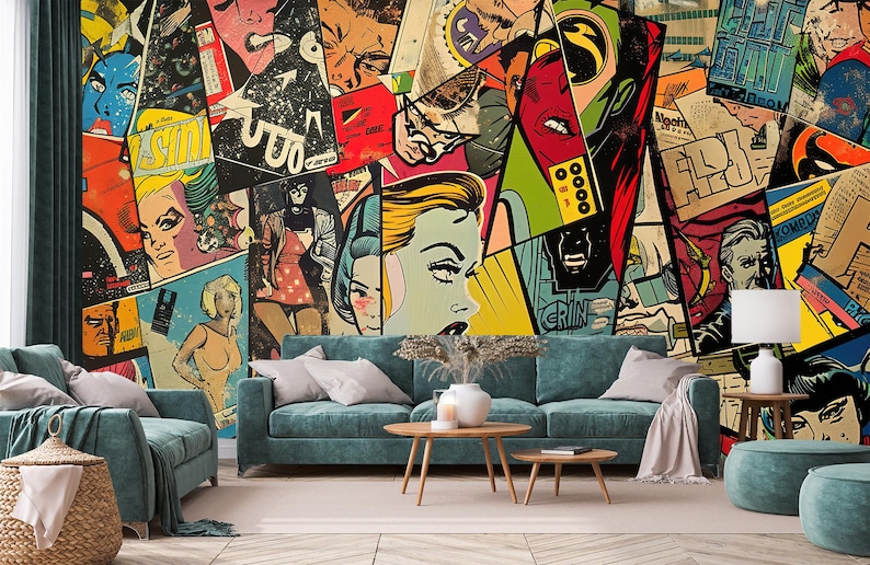 Retro Comic Peel and Stick Wallpaper, Pop Art Comic Book Collage Wall ...