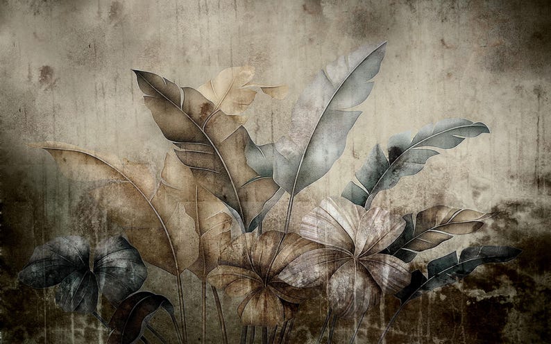 Vintage Tropical Leaf Peel and Stick Wallpaper, Earthy Botanical Wall ...