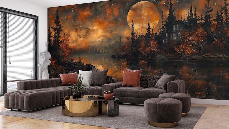 Fantasy Moon Forest Peel and Stick Wallpaper Mural, Dark Autumn ...