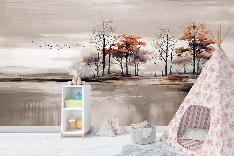 Autumn Lake Peel and Stick Wallpaper, Fall Forest Wall Mural, Scenic ...