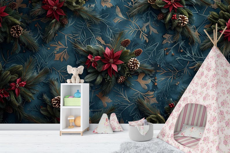 Christmas Floral Peel and Stick Wallpaper, Elegant Holiday Flower Wall ...