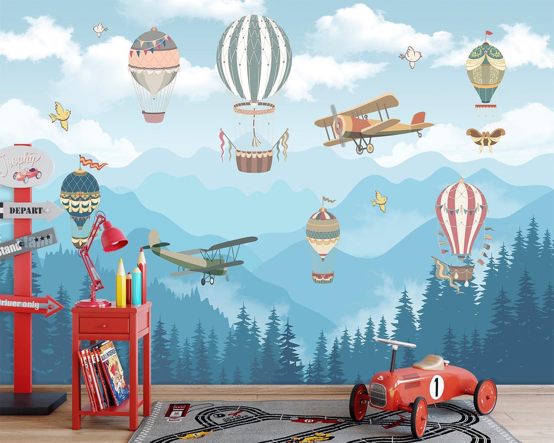 Vintage Hot Air Balloon and Airplane Wallpaper-adventure Theme Nursery ...