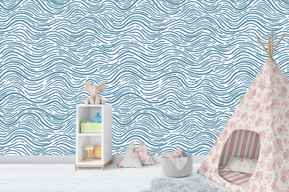 Modern Wave Pattern Wallpaper,ocean Inspired Blue and White Wall Decor ...