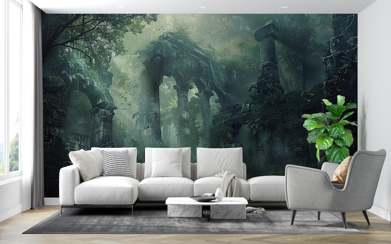 Dark Fantasy Ruins Peel and Stick Wallpaper, Ancient Forest Wall Mural ...