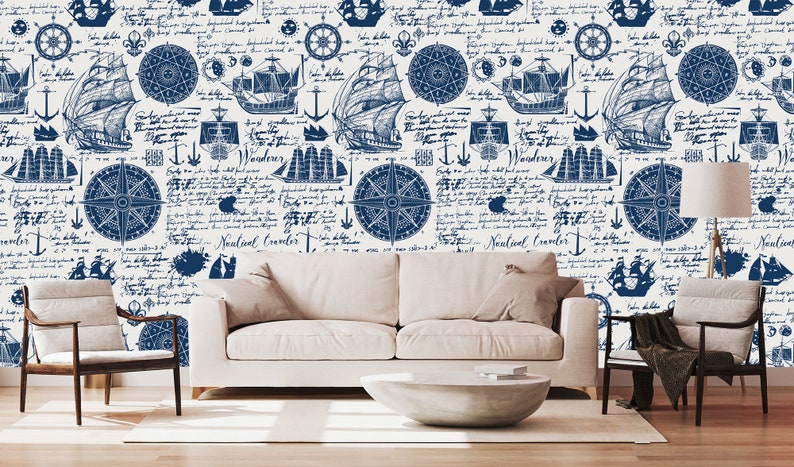 Vintage Nautical Map Wallpaper,antique Ship and Compass Pattern ...