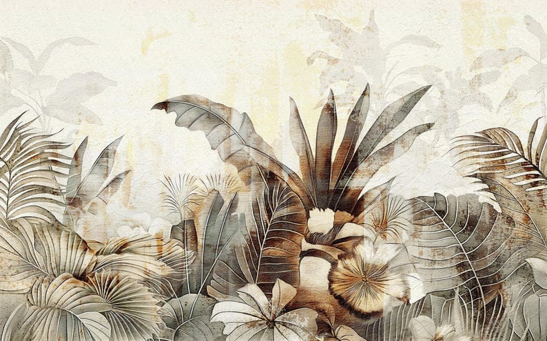 Vintage Palm Leaf Peel and Stick Wallpaper, Tropical Botanical Wall ...