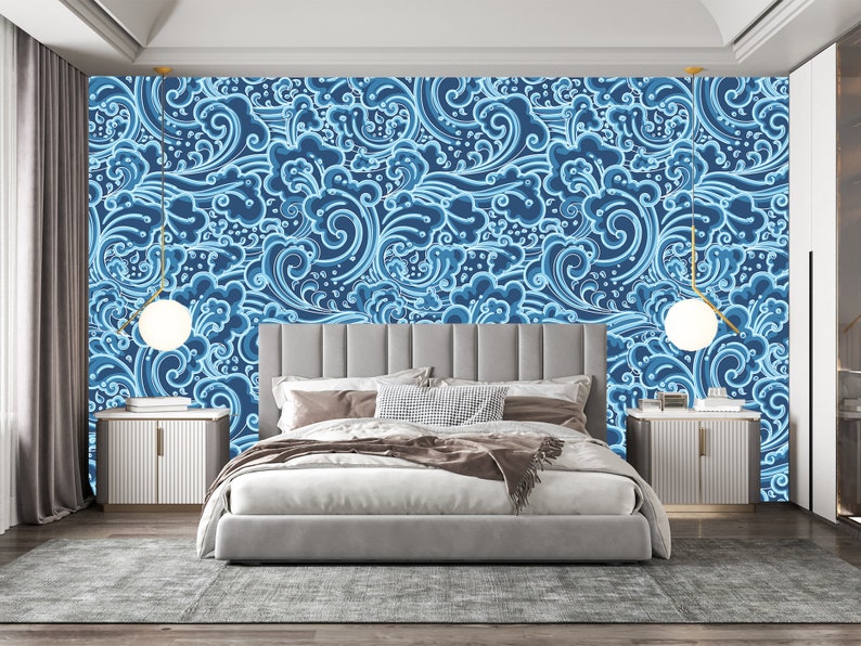 Elegant Ocean Waves Pattern Wallpaper,blue Sea Wave Wall Decor,coastal ...