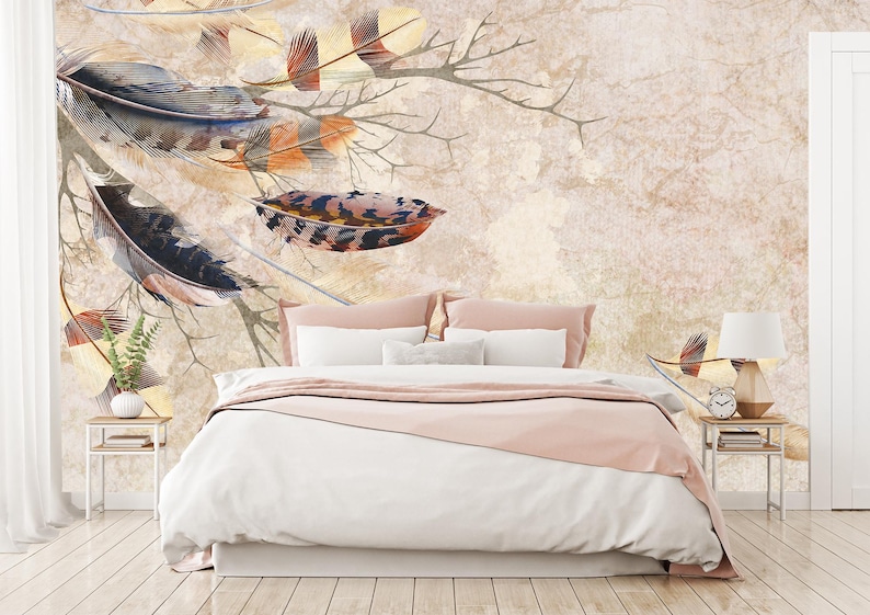 Boho Feather Peel and Stick Wallpaper, Tribal Bohemian Wall Mural ...