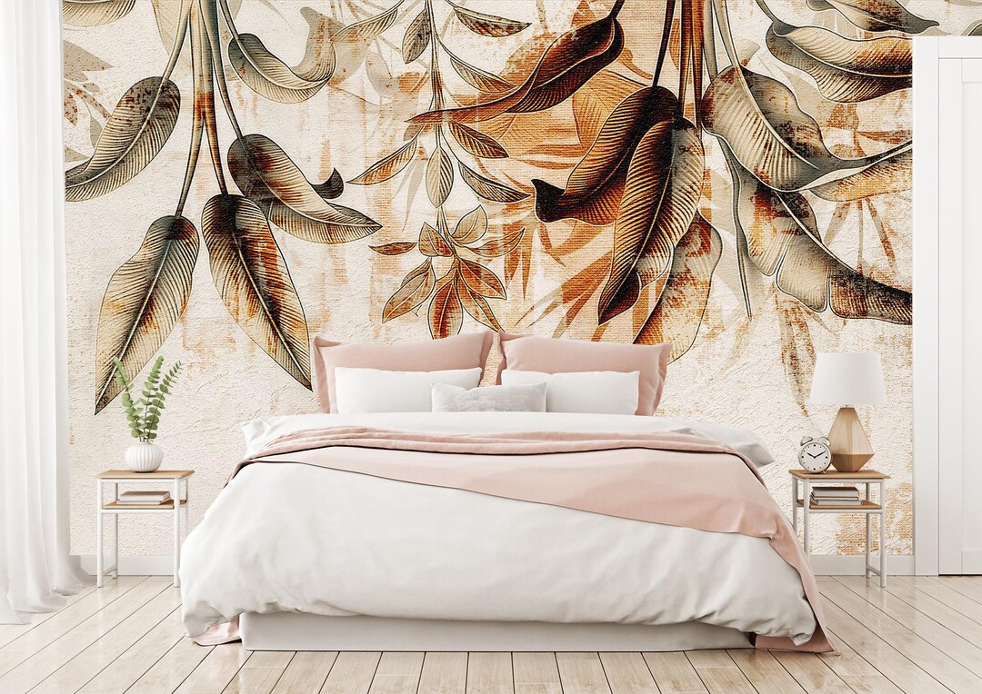 Rustic Botanical Peel and Stick Wallpaper, Leaf Wall Mural, Natural ...