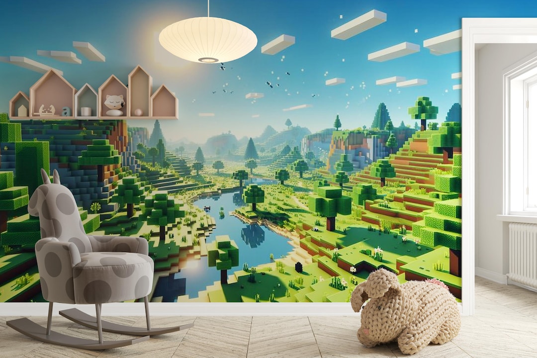 Minecraft Block Landscape Peel and Stick Wallpaper, Pixel Nature Game ...