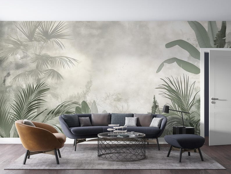 Neutral Tropical Leaf Peel and Stick Wallpaper Mural, Sage Green ...