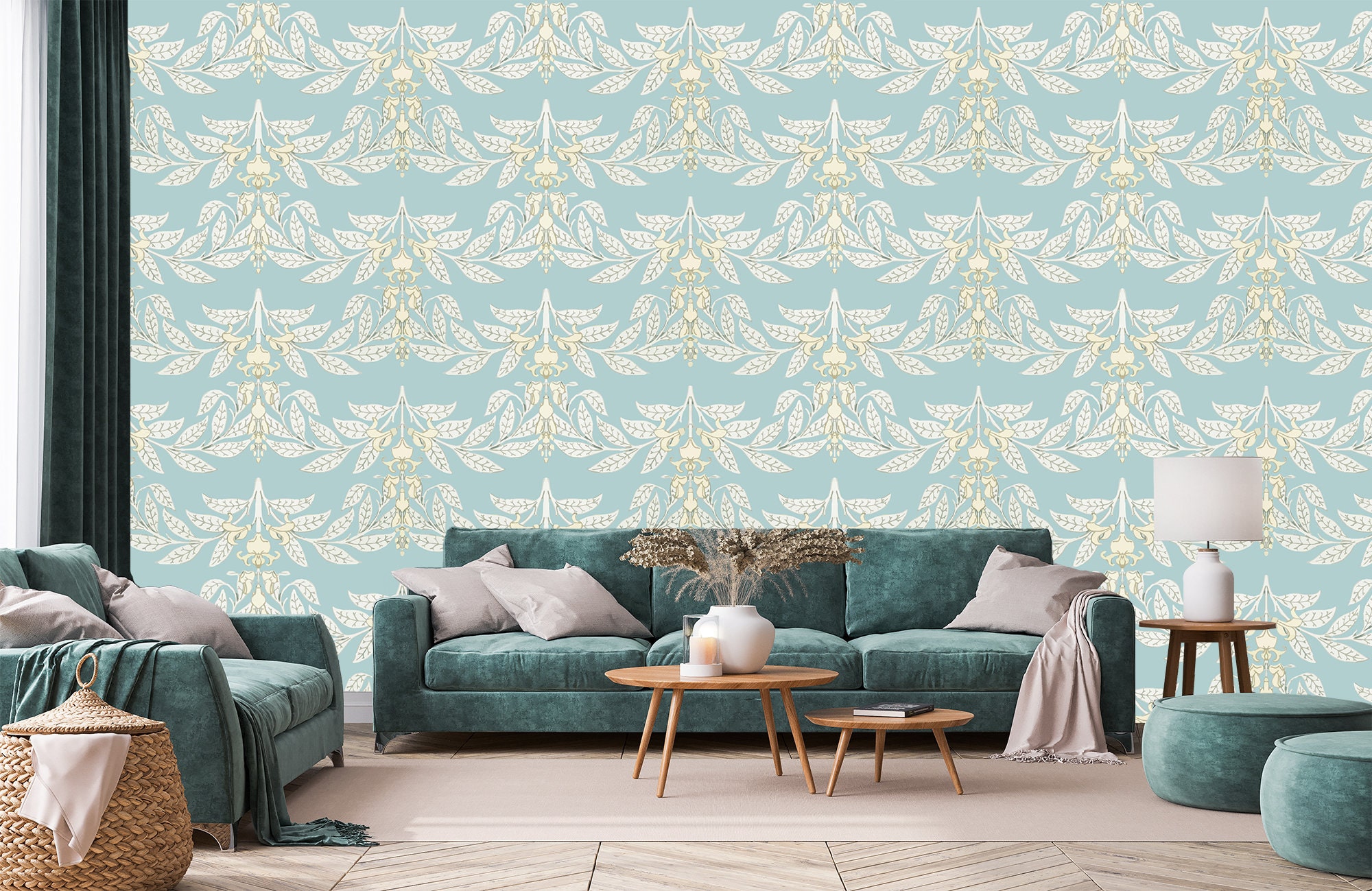 Vintage Floral Damask Wallpaper in Teal and Cream - Art Nouveau ...