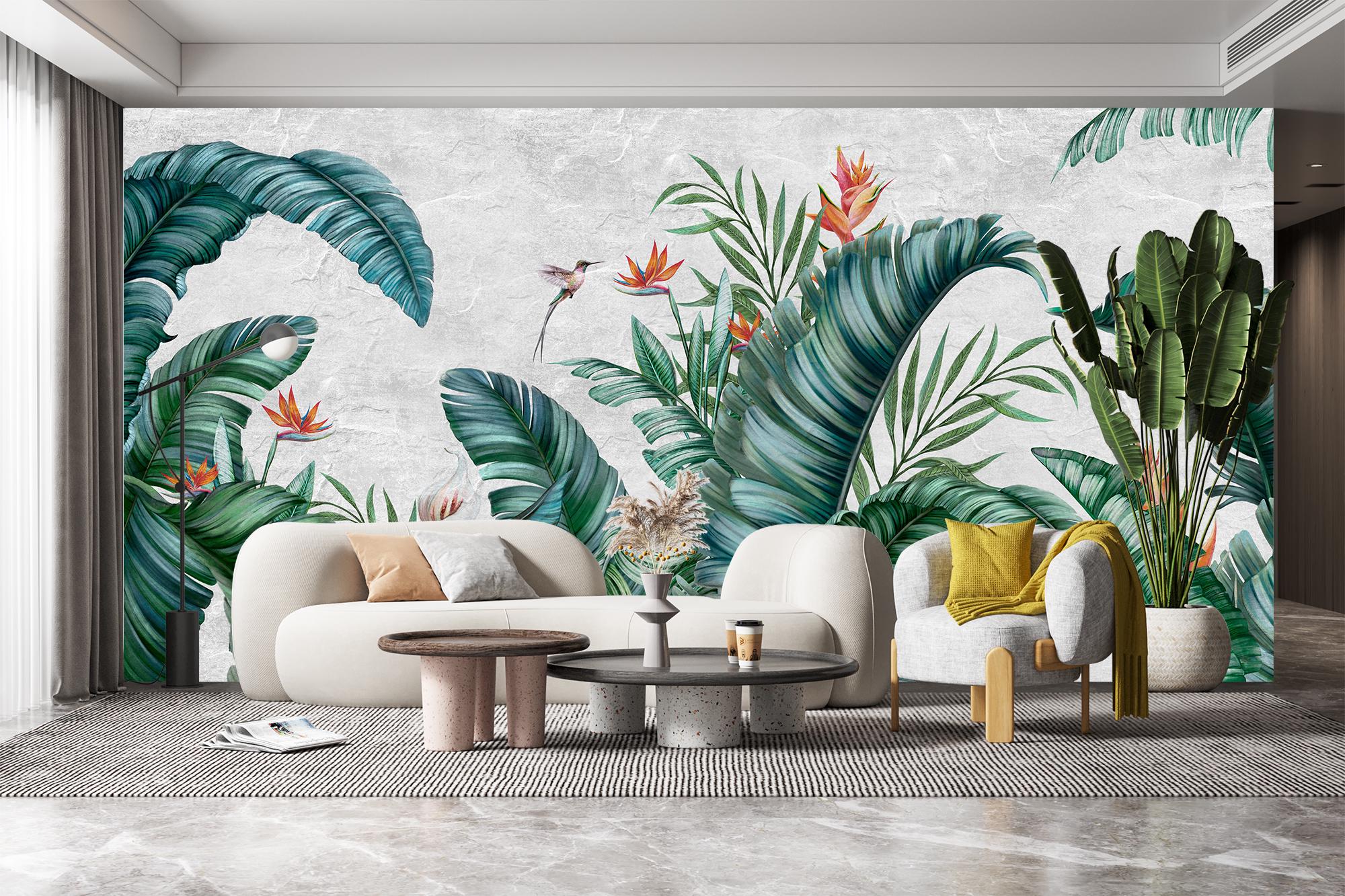 Tropical Jungle Wall Mural With Lush Green Leaves and Exotic Birds ...