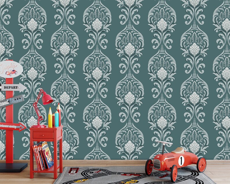 Vintage Damask Floral Wallpaper – Elegant Teal & Silver Baroque Pattern ...