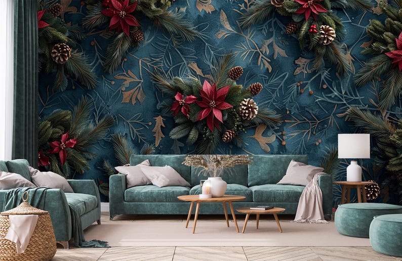 Christmas Floral Peel and Stick Wallpaper, Elegant Holiday Flower Wall ...