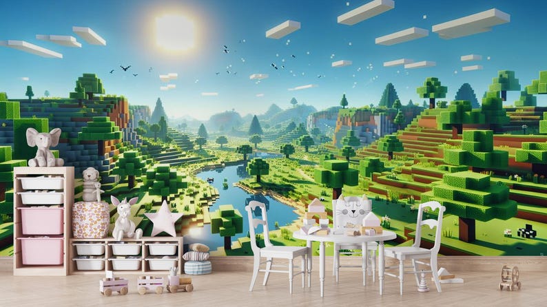 Minecraft Block Landscape Peel and Stick Wallpaper, Pixel Nature Game ...