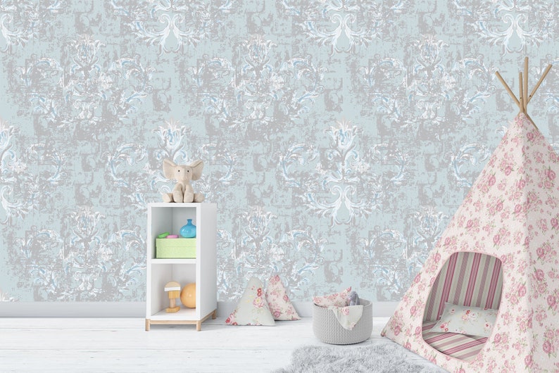 Elegant Vintage Damask Wallpaper Pattern in Pastel Blue and Gray,chic ...
