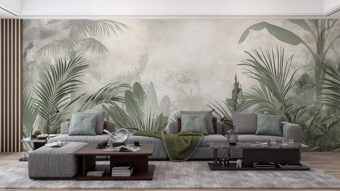 Neutral Tropical Leaf Peel and Stick Wallpaper Mural, Sage Green ...